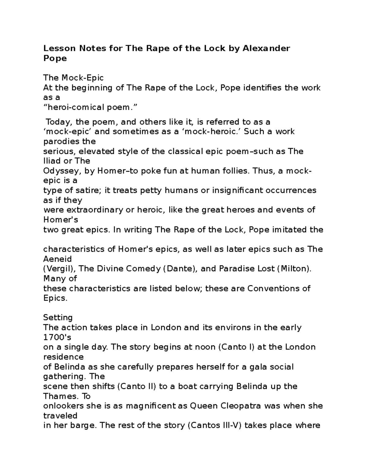 Notes on The Rape of the Lock - ” Today, the poem, and others like it ...