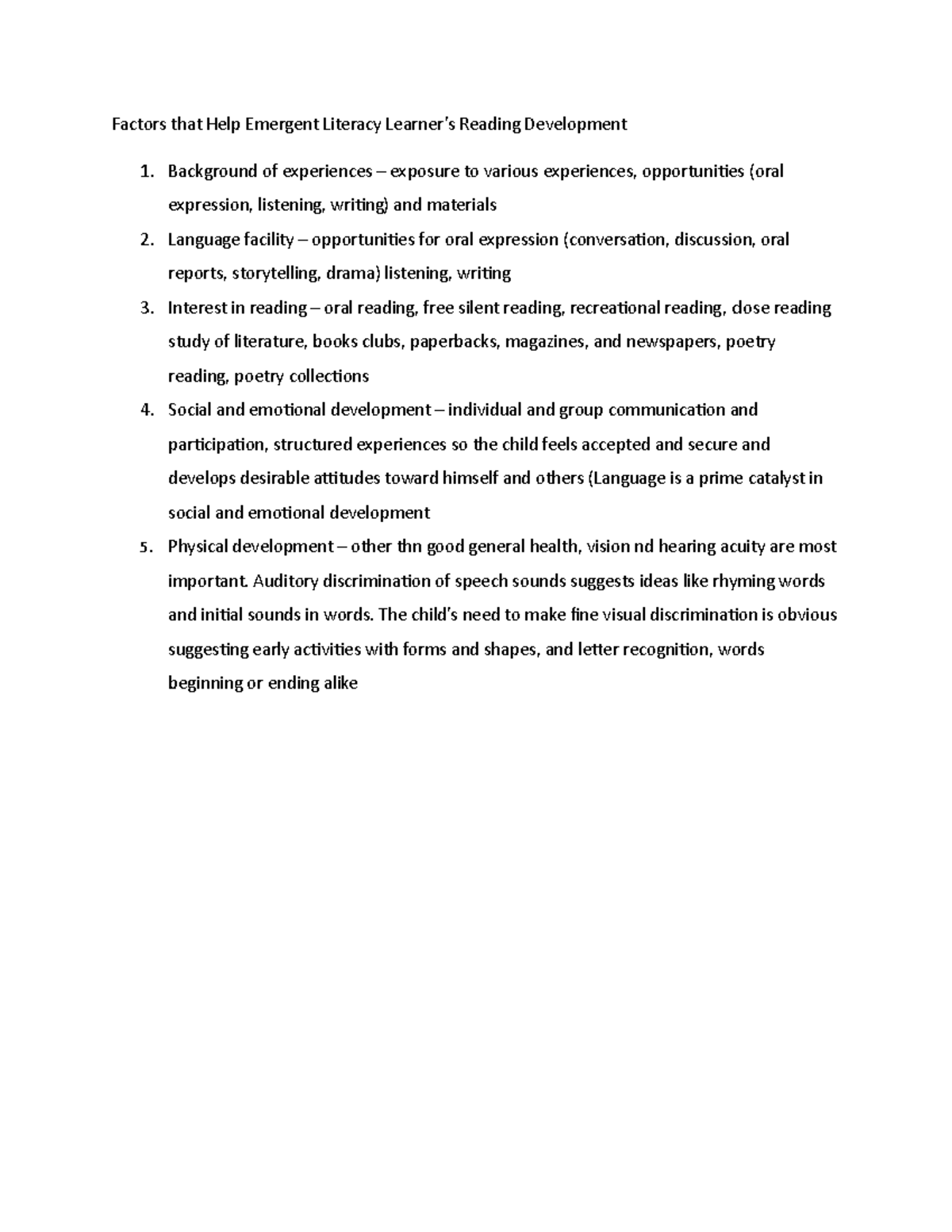 Factors that Help Emergent Literacy Learner’s Reading Development ...