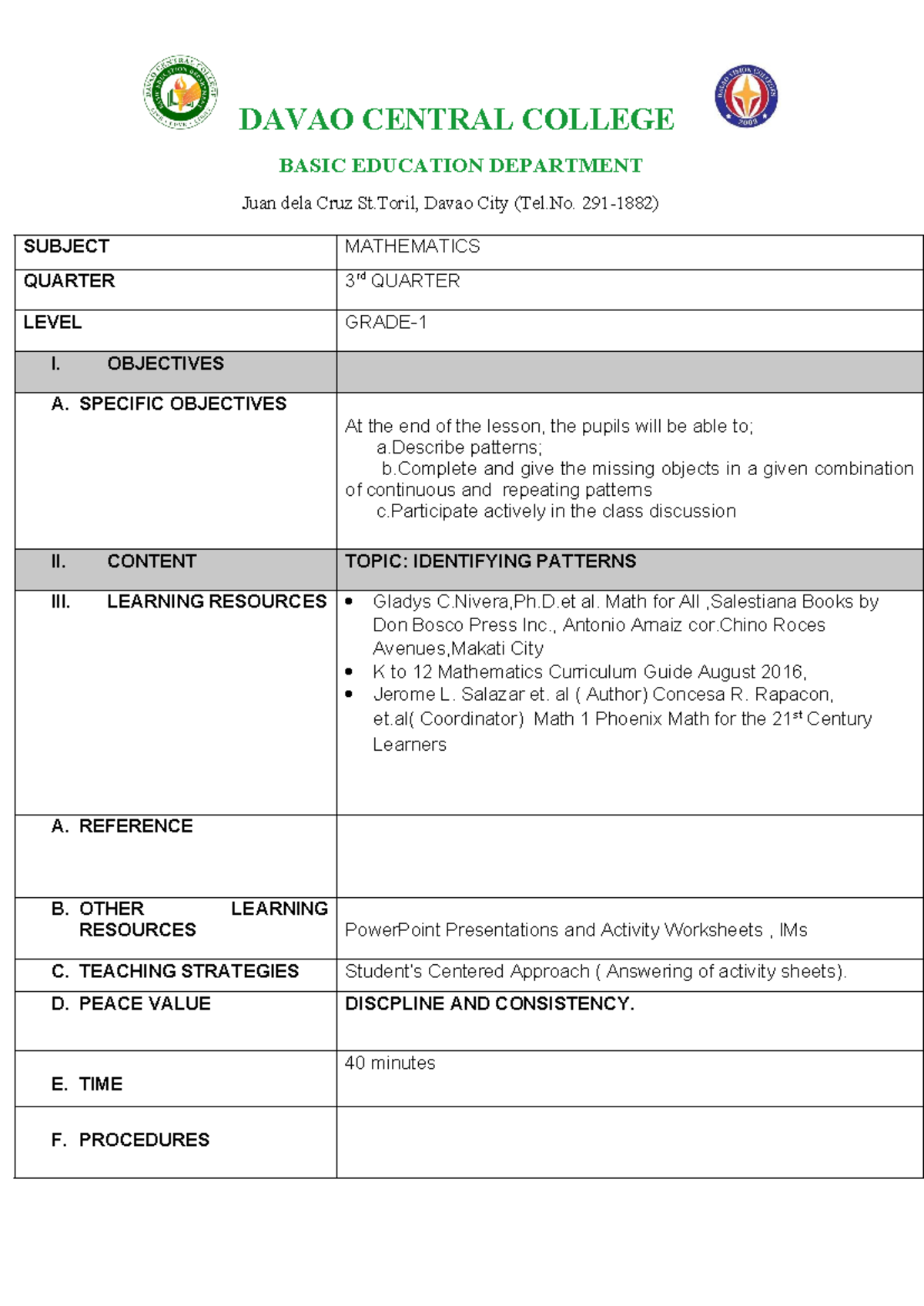 G1Patterns - DETAILD LESSON PLAN - BASIC EDUCATION DEPARTMENT Juan dela ...