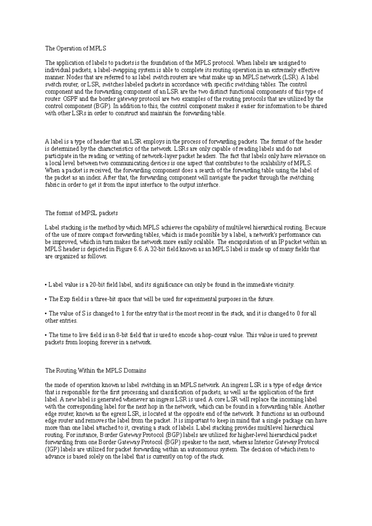 Mpls Operation The Operation Of Mpls The Application Of Labels To