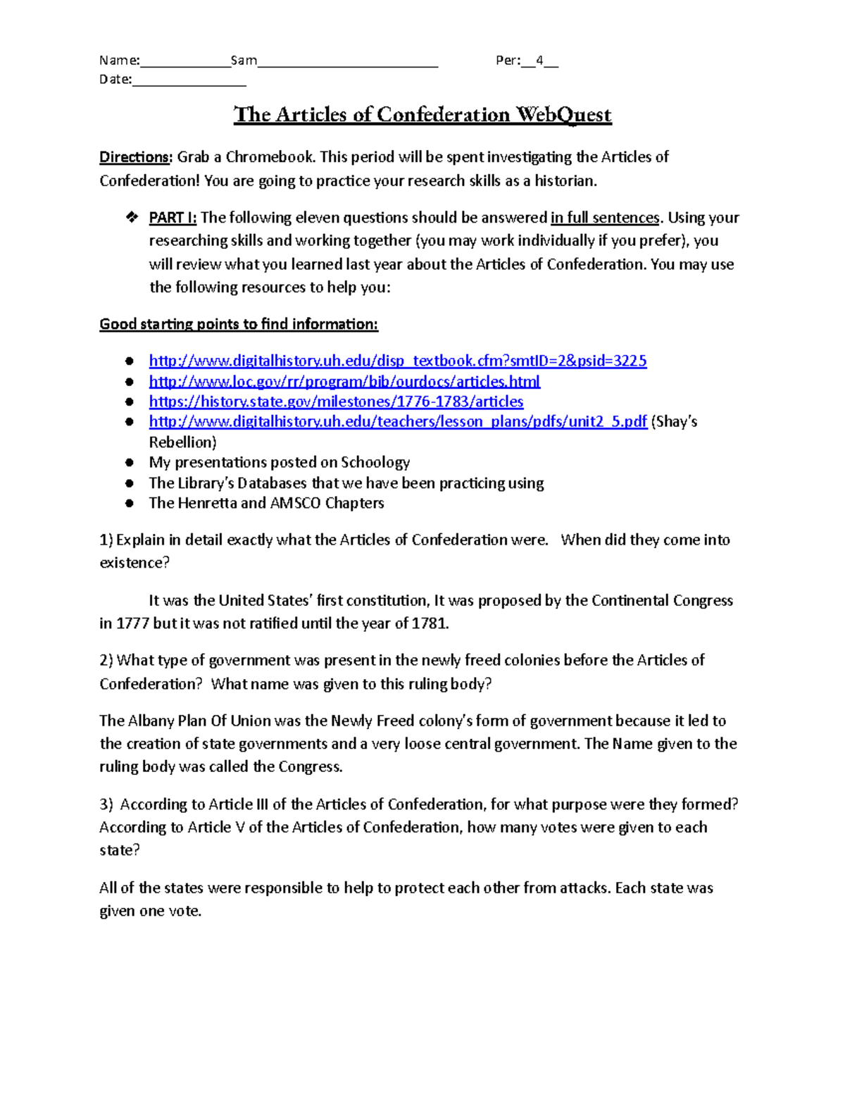 Copy of Articles of Confederation (Sub Plans Day 2) - Name:Sam ...