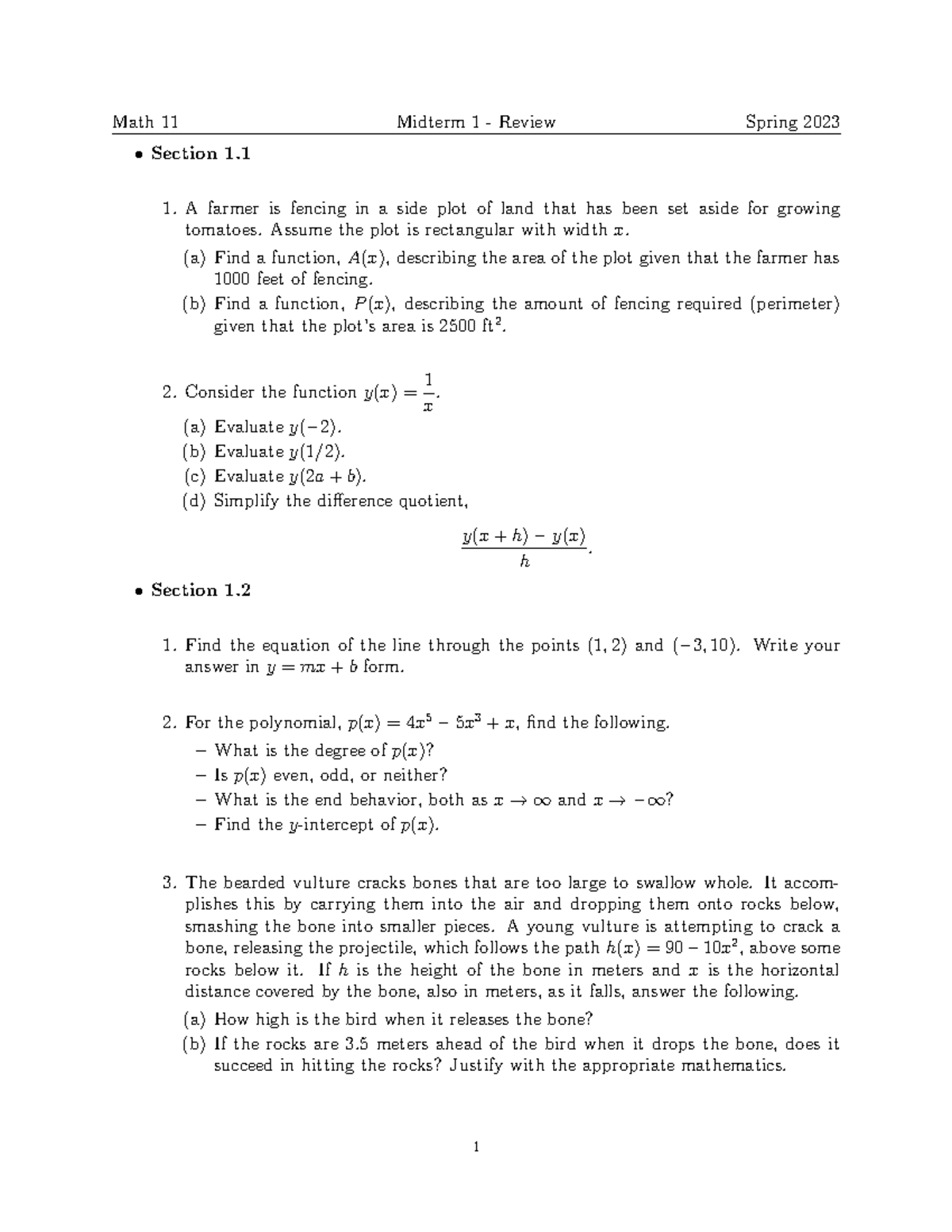 Math11 Review Exam1 - Section 1. A farmer is fencing in a side plot of ...