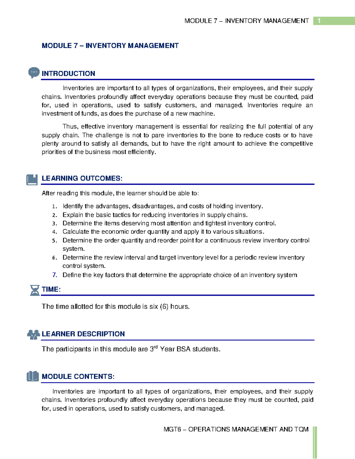 Module 7- Inventory Management ( Lecture) - MODULE 7 – INVENTORY MANAGEMENT INTRODUCTION ...
