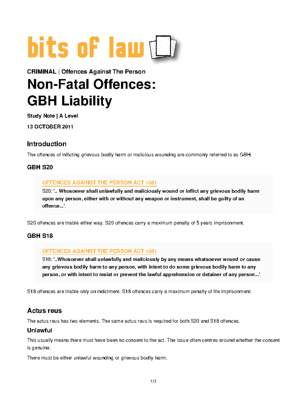 Non fatal grievous bodily harm, wound, gbh - bits of law CRIMINAL ...