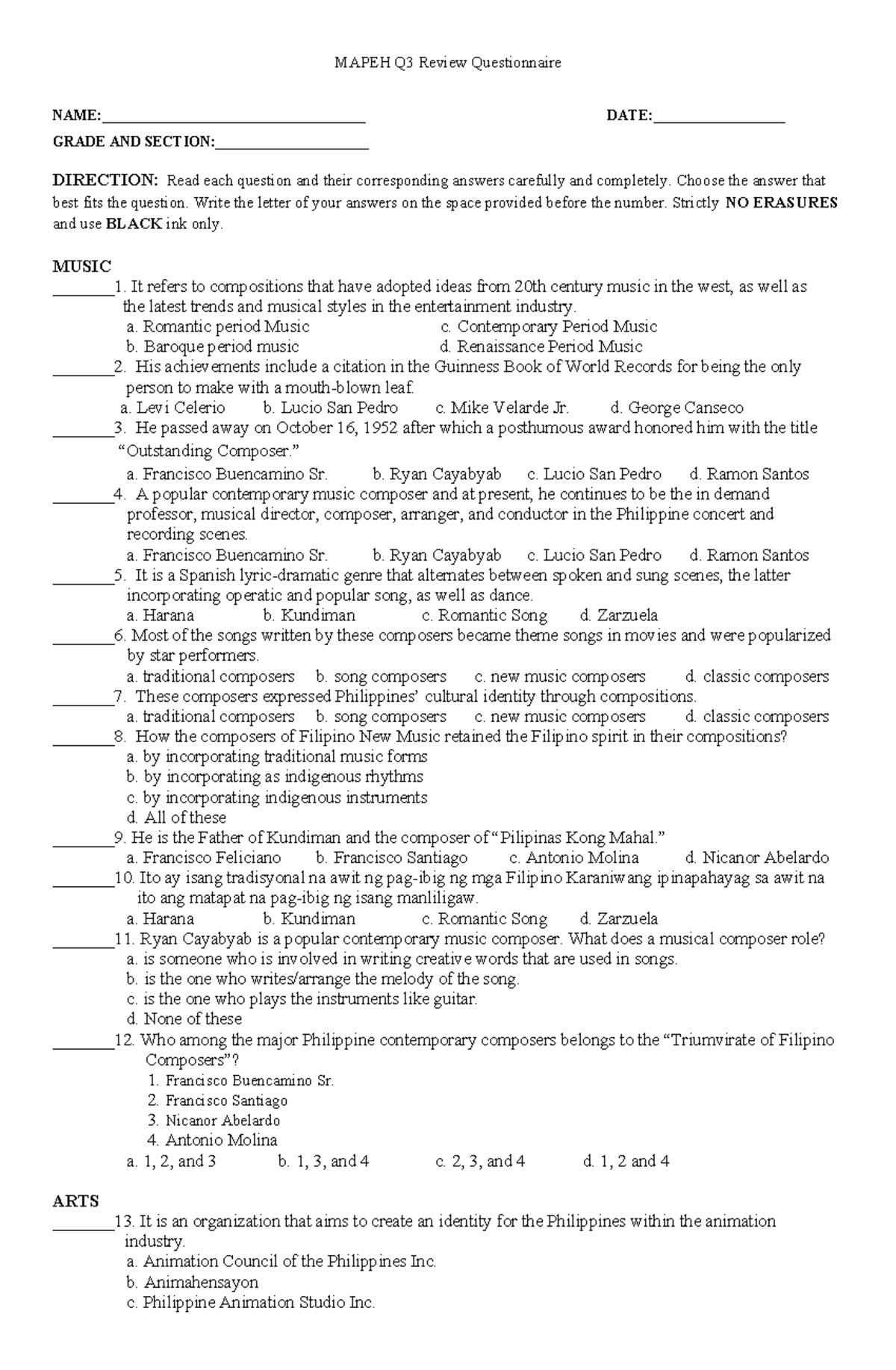 Mapeh-10-Review-Questions - MAPEH Q3 Review Questionnaire NAME