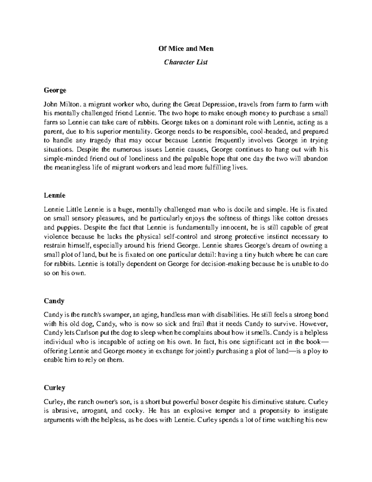 Of Mice and Men - Character List - Of Mice and Men Character List ...