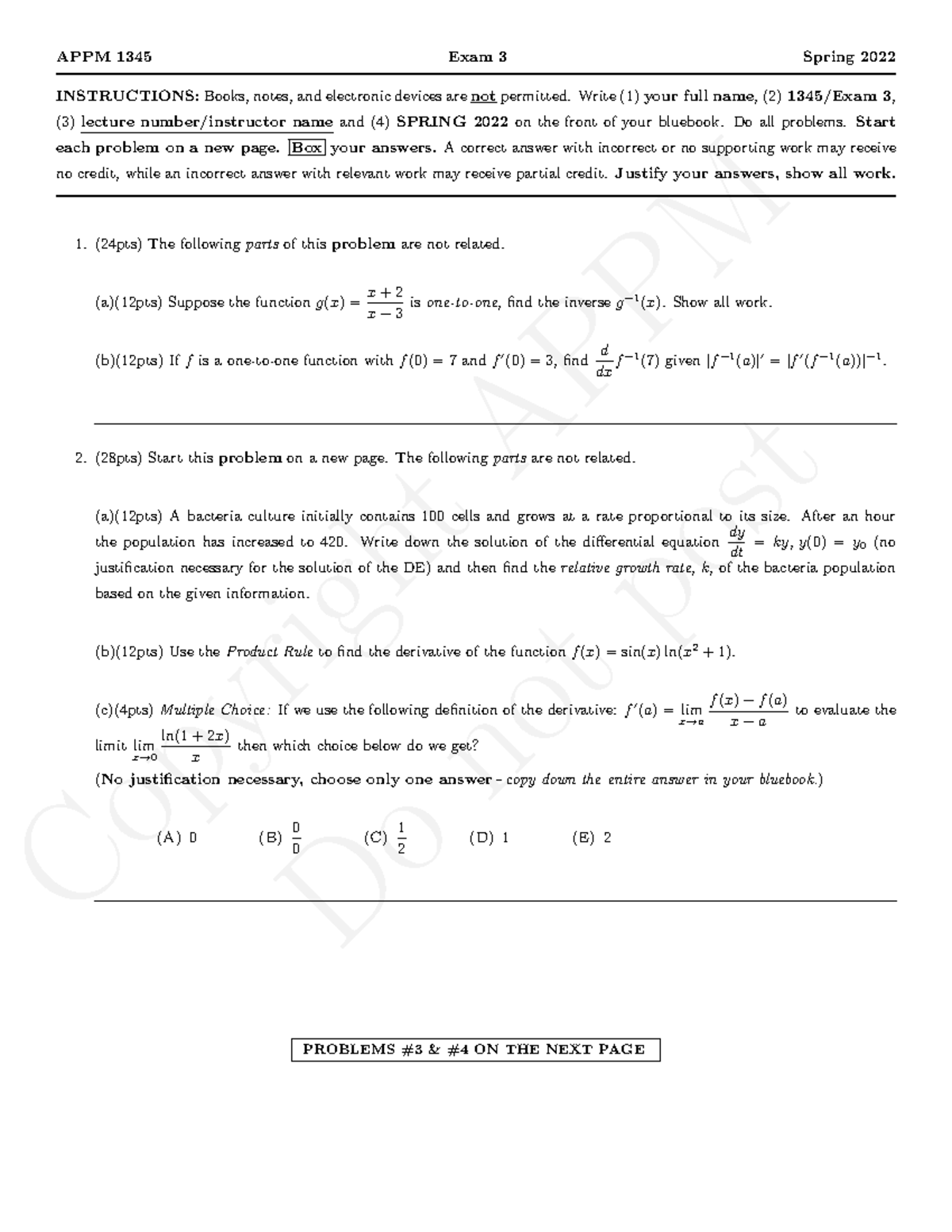 Appm1345Practice Problems 3 - Copyright APPM Do not post APPM 1345 Exam ...