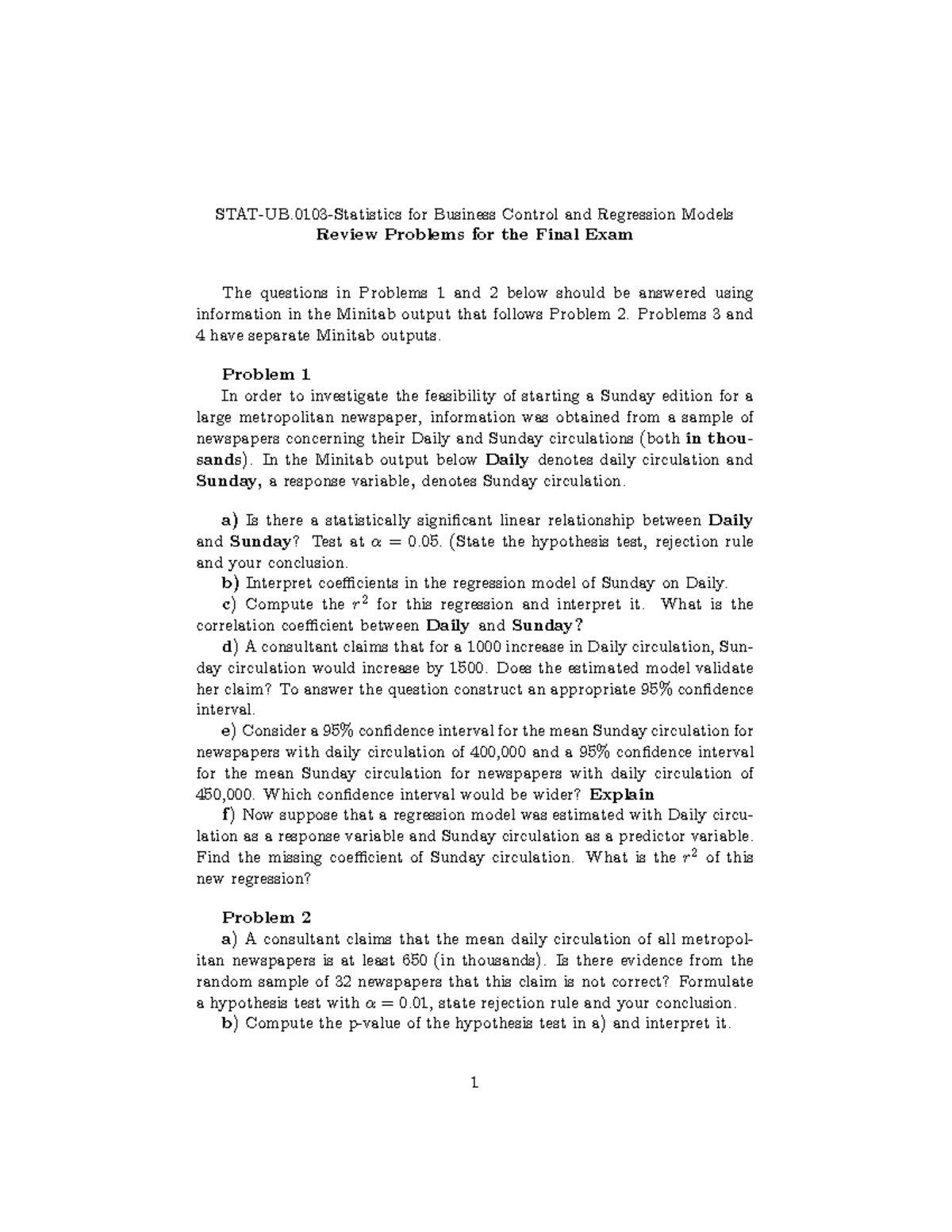 final review problems - STAT-UB-Statistics for Business Control and ...