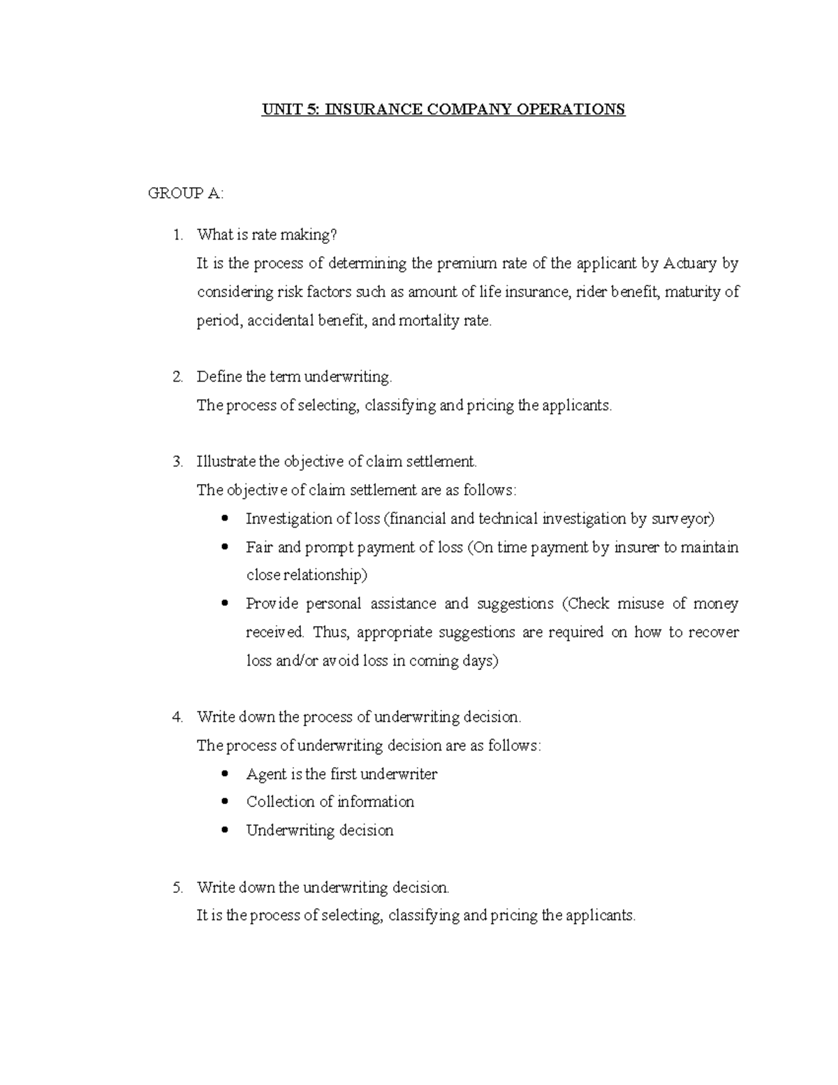 UNIT 5 (Insurance company operations) - UNIT 5: INSURANCE COMPANY ...