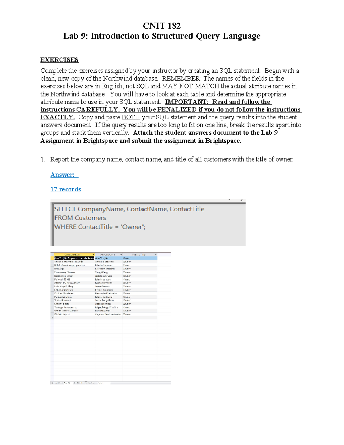 Lab 9 - Student Answers - Lab 9: Introduction to Structured Query Language EXERCISES Complete ...