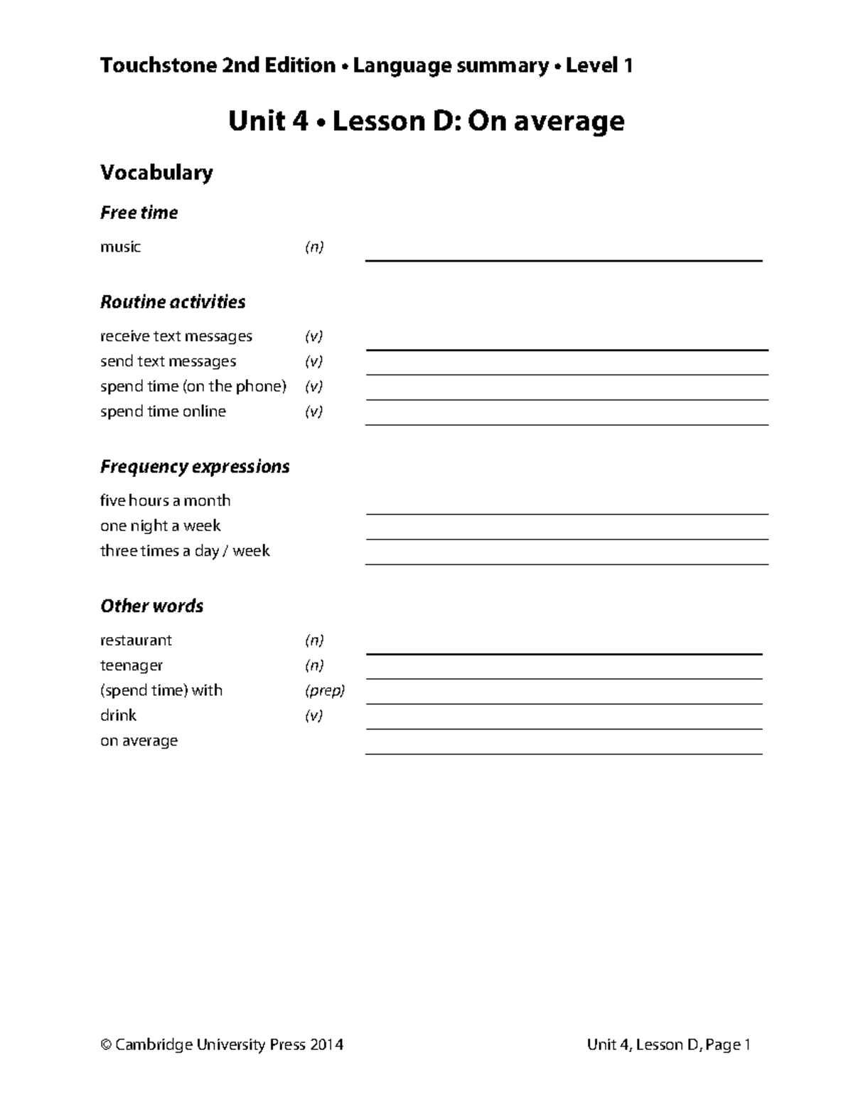 TS2e L1 U4 LD Langsum - Touchstone 2nd Edition • Language summary • Level 1 Unit 4 • Lesson D ...