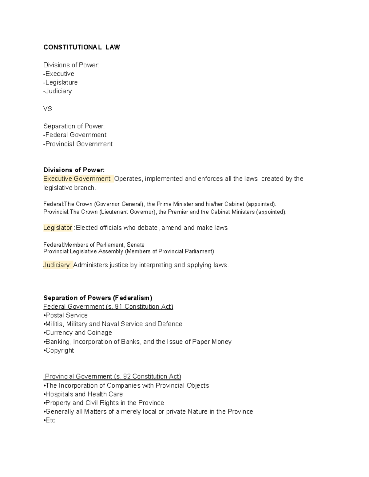 Constitional Law Notes On Constitutional Law Constitutional Law Divisions Of Power 