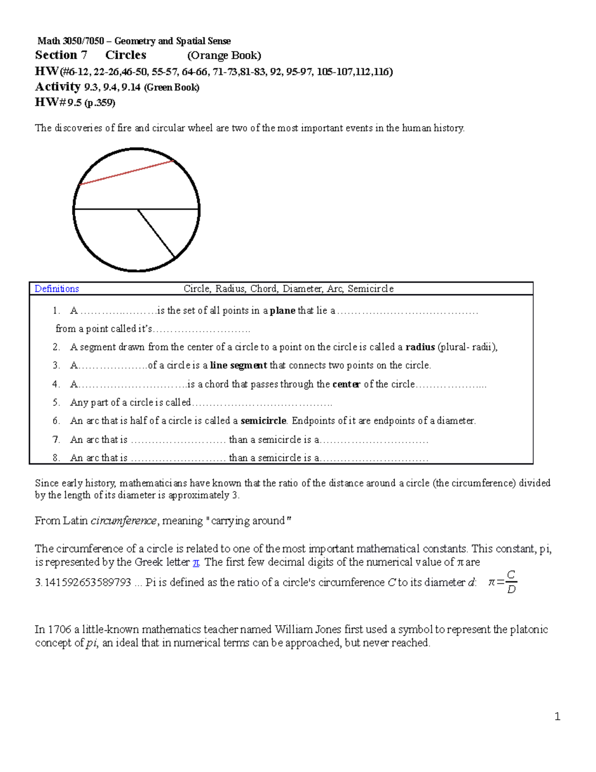 Section 7 O Circles - Math 3050/7050 – Geometry and Spatial Sense ...