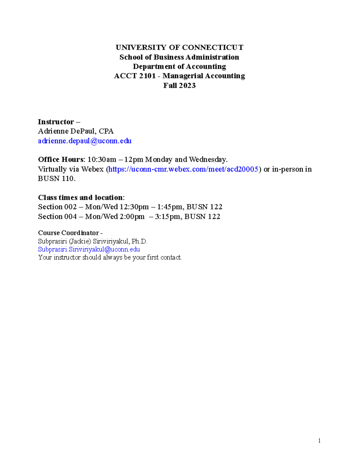ACCT2101 Syllabus - Fall 2023 - De Paul - UNIVERSITY OF CONNECTICUT ...
