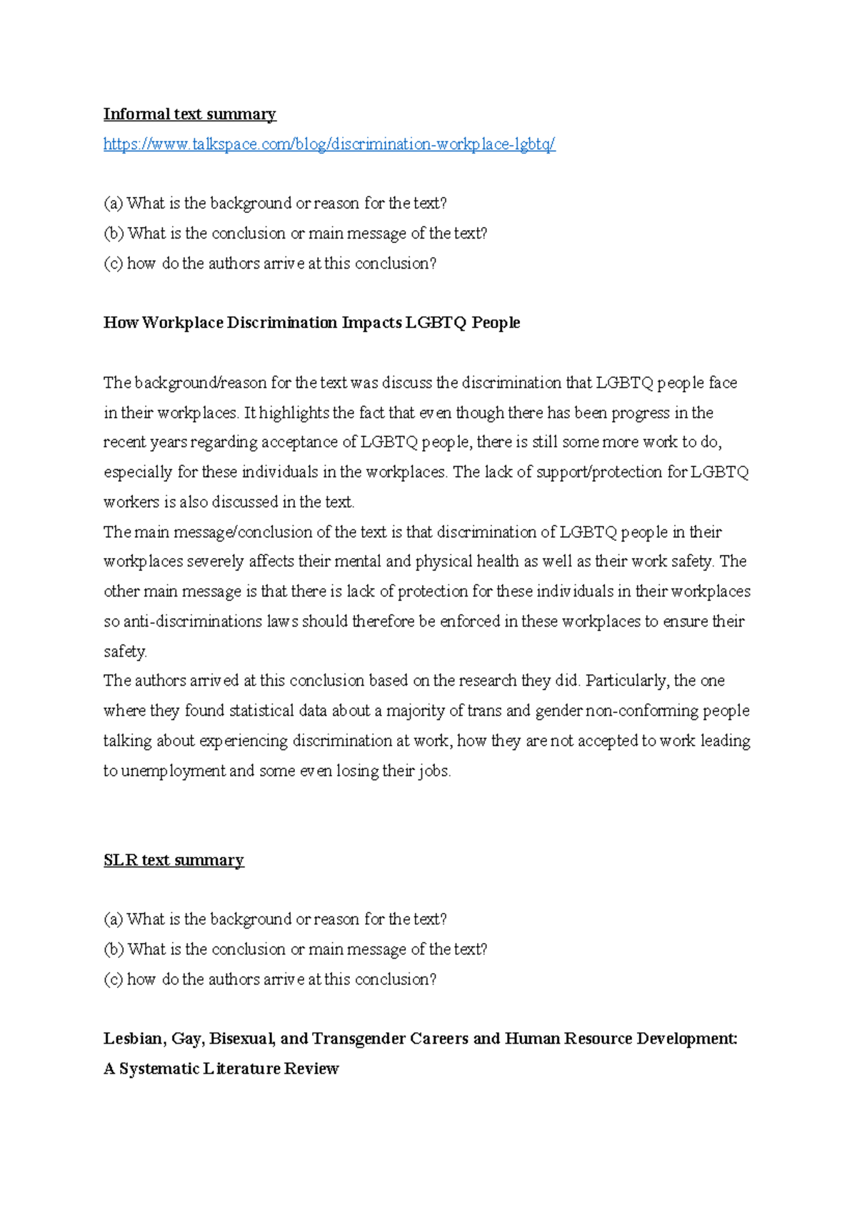 Assignment 2 summary - Informal text summary talkspace/blog/discrimination-workplace-lgbtq/ (a ...