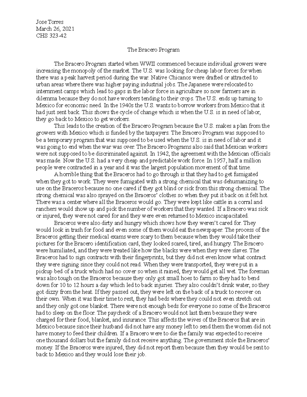 The Bracero Program - Jose Torres March 26, 2021 CHS 323- The Bracero ...