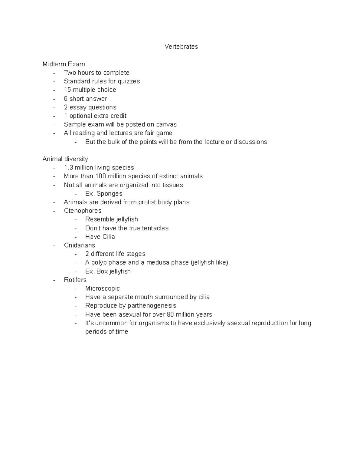 Bio 202 Lecture 1 16 - Vertebrates Midterm Exam - Two hours to complete ...