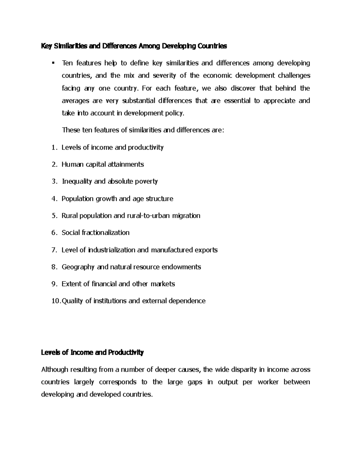 Key Similarities and Differences Among Developing Countries - For each ...