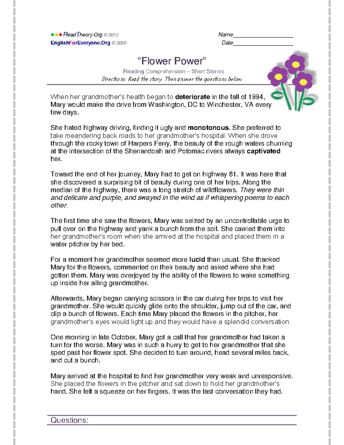 Flower Power - RReeaaddTTheheoorryy. ©© 2 2001100 Name ...