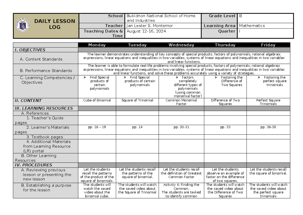 DLL Factoring math 8 - DAILY LESSON LOG School Bukidnon National School ...