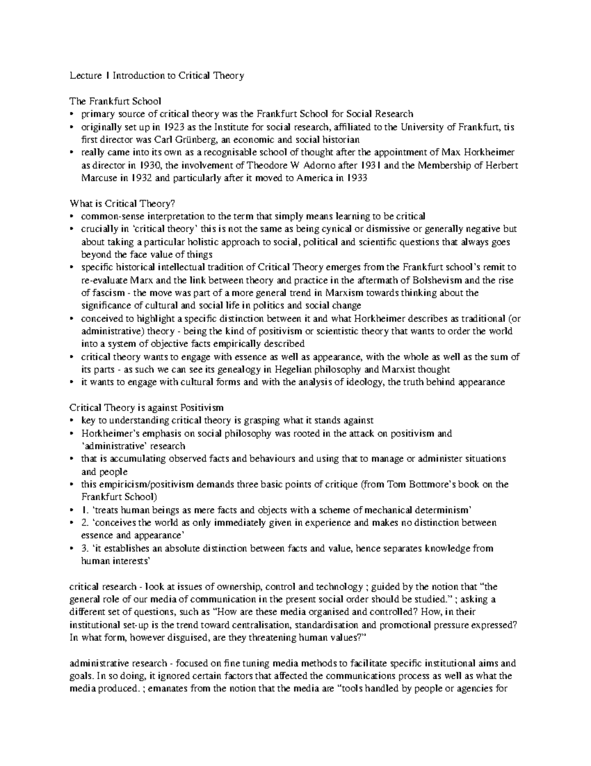 Lecture 1 Introduction to Critical Theory - ‘treats human beings as ...