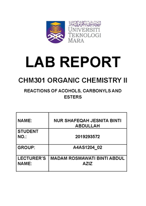 LAB Report CHM 301 Experiment 3 - Organic Chemistry 1 - UiTM - Studocu