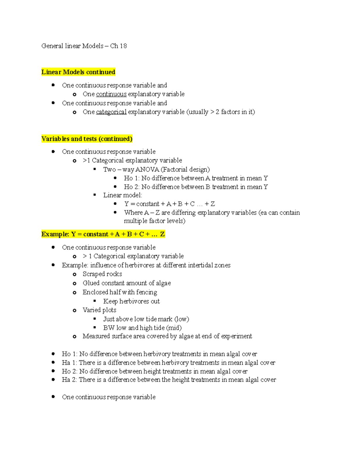 Week 9-10 Lecture 1 - General linear Models – Ch 18 Linear Models continued One continuous - Studocu