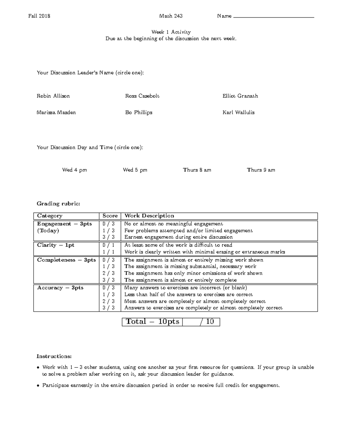 S23 M243 Act W1 Solutions - Fall 2018 Math 243 Name Week 1 Activity Due ...