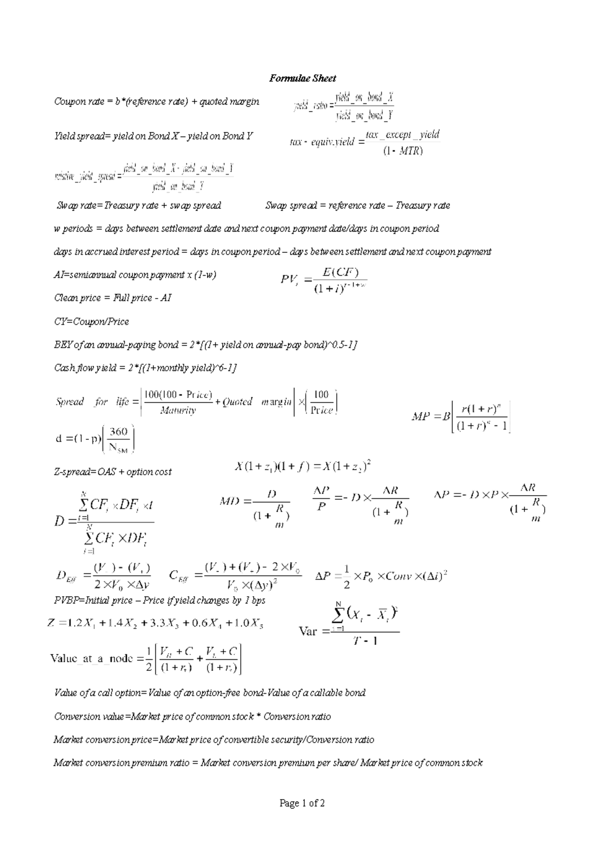 Formulae sheet - Formulae Sheet Coupon rate = b*(reference rate ...