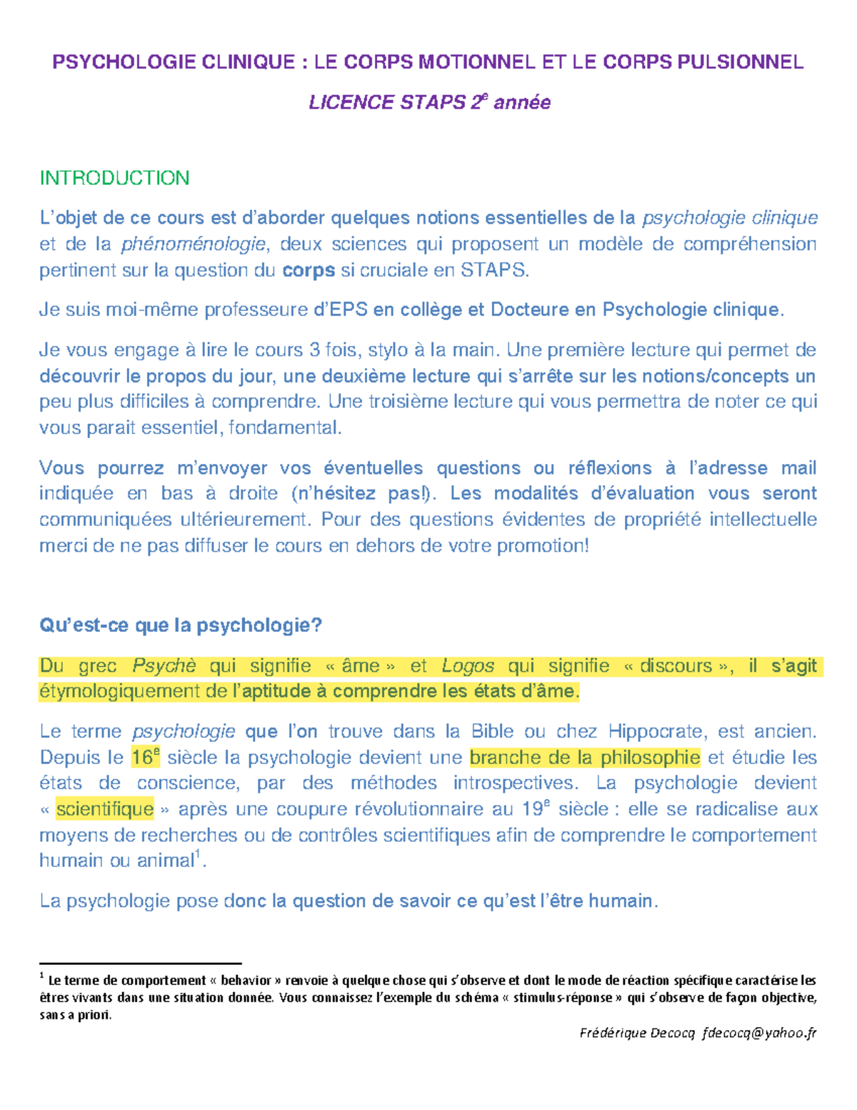 Psychol 2cours 1 - PSYCHOLOGIE CLINIQUE : LE CORPS MOTIONNEL ET LE ...