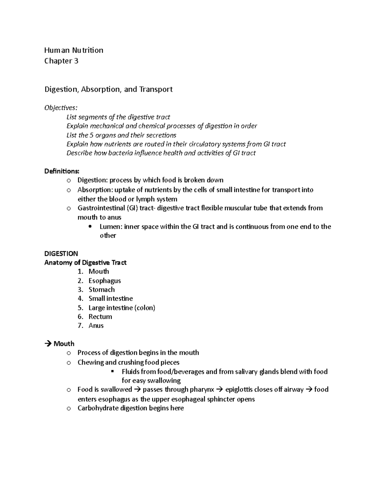 NHM Chapter 3 - Lecture notes 3 - Human Nutrition Chapter 3 Digestion ...