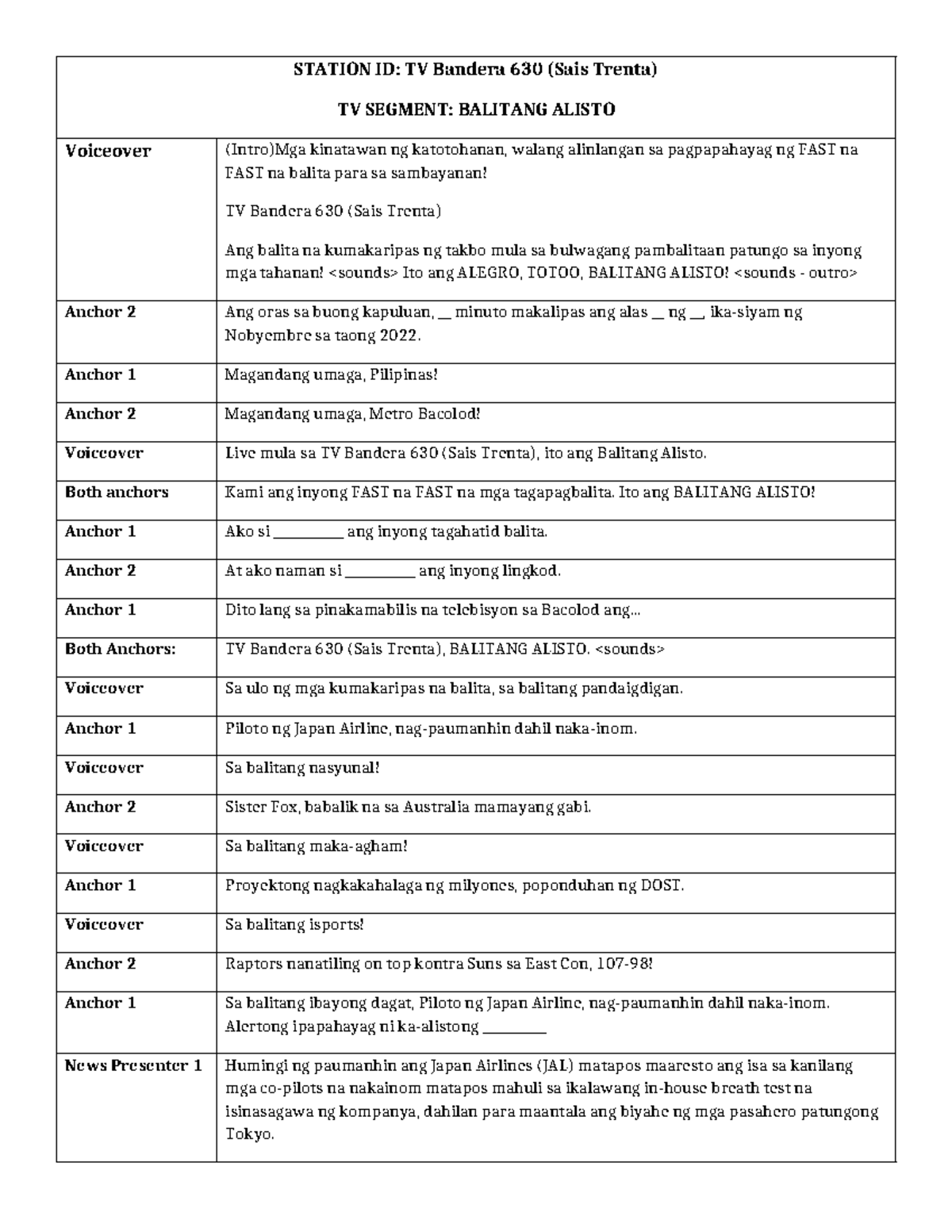 TV Broadcasting Script - STATION ID: TV Bandera 630 (Sais Trenta) TV ...
