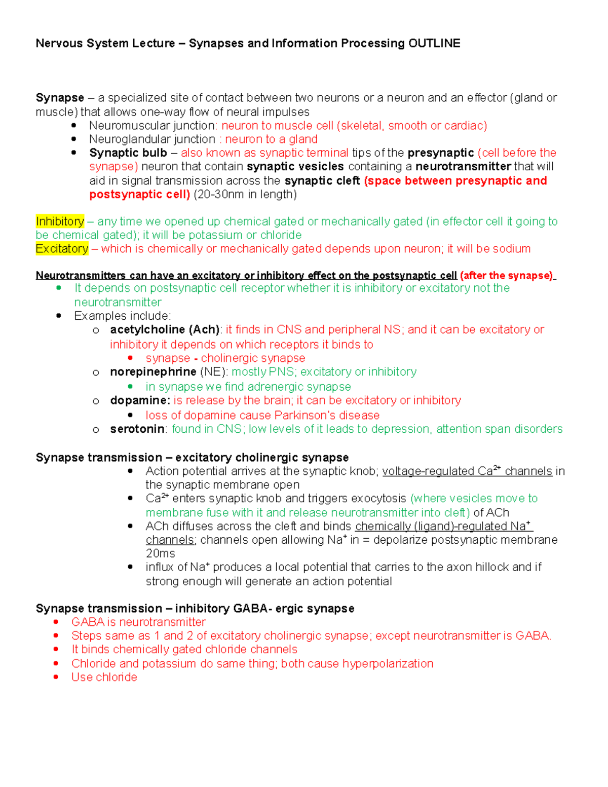 Synapses: unit 2 - Nervous System Lecture – Synapses and Information ...