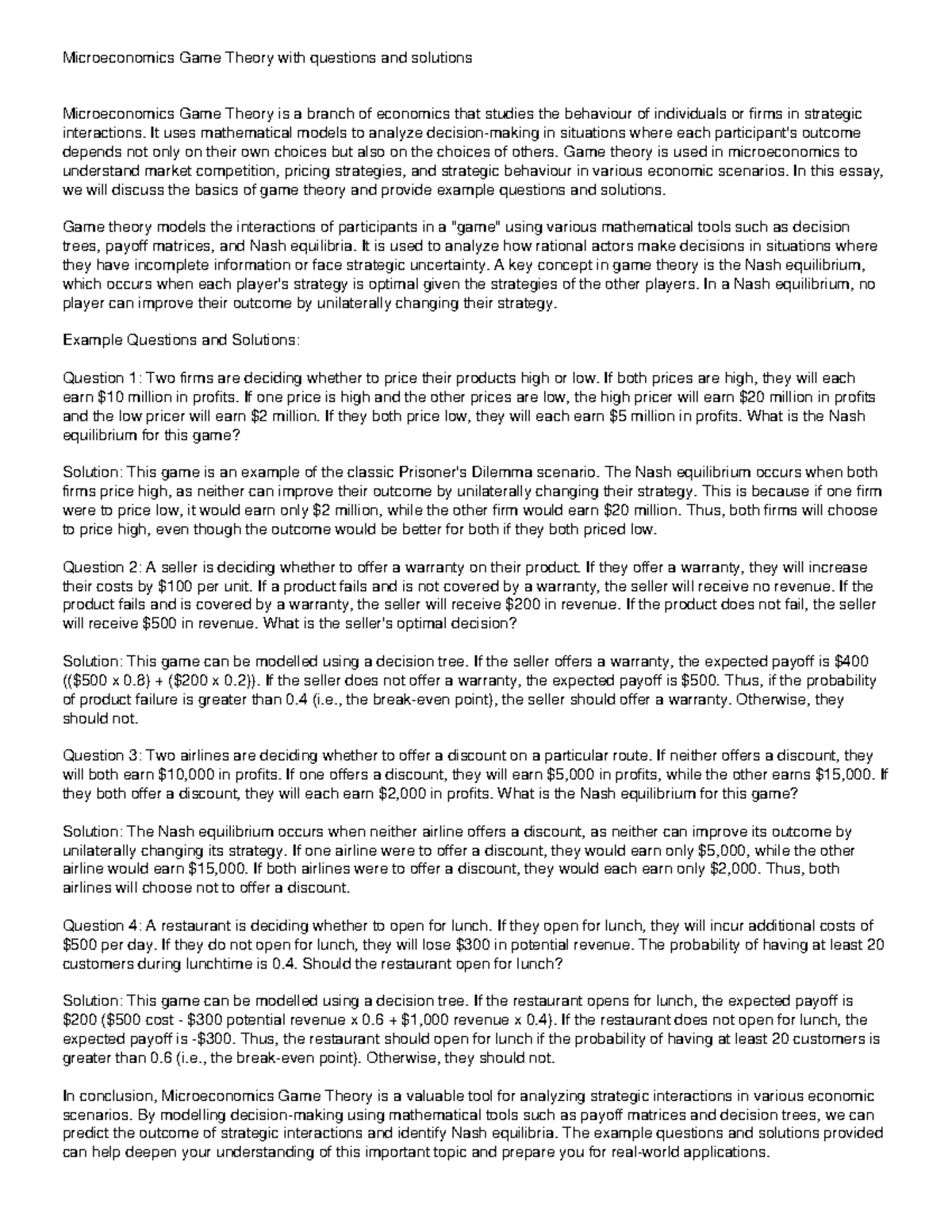 Microeconomics Game Theory with questions and solutions ...