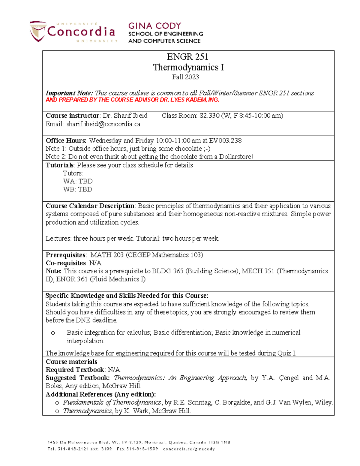 Course Outline ENGR251-Winter 2024 - ENGR 251 Thermodynamics I Fall ...