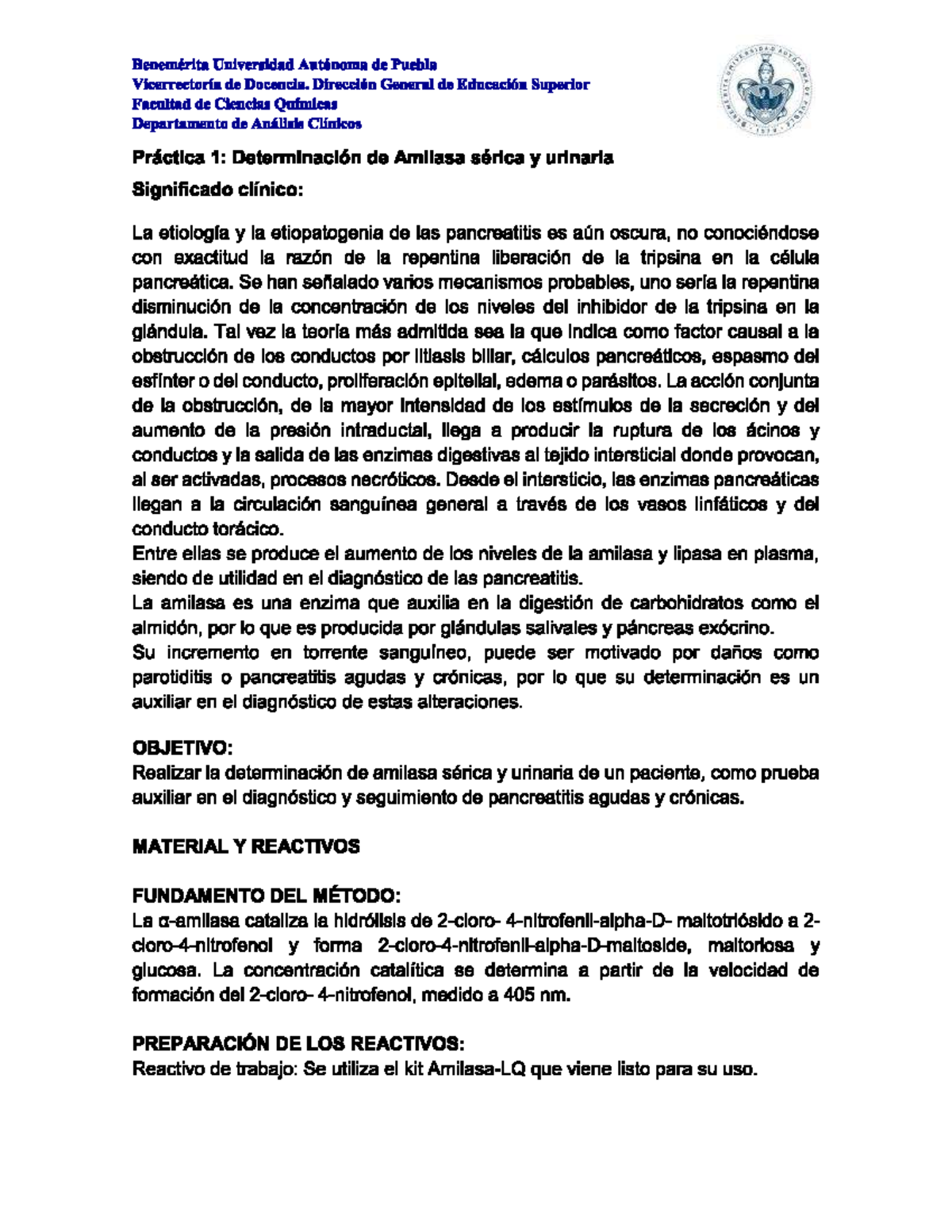 Práctica determinación de amilasa sérica - Quimica Clinica II - Studocu