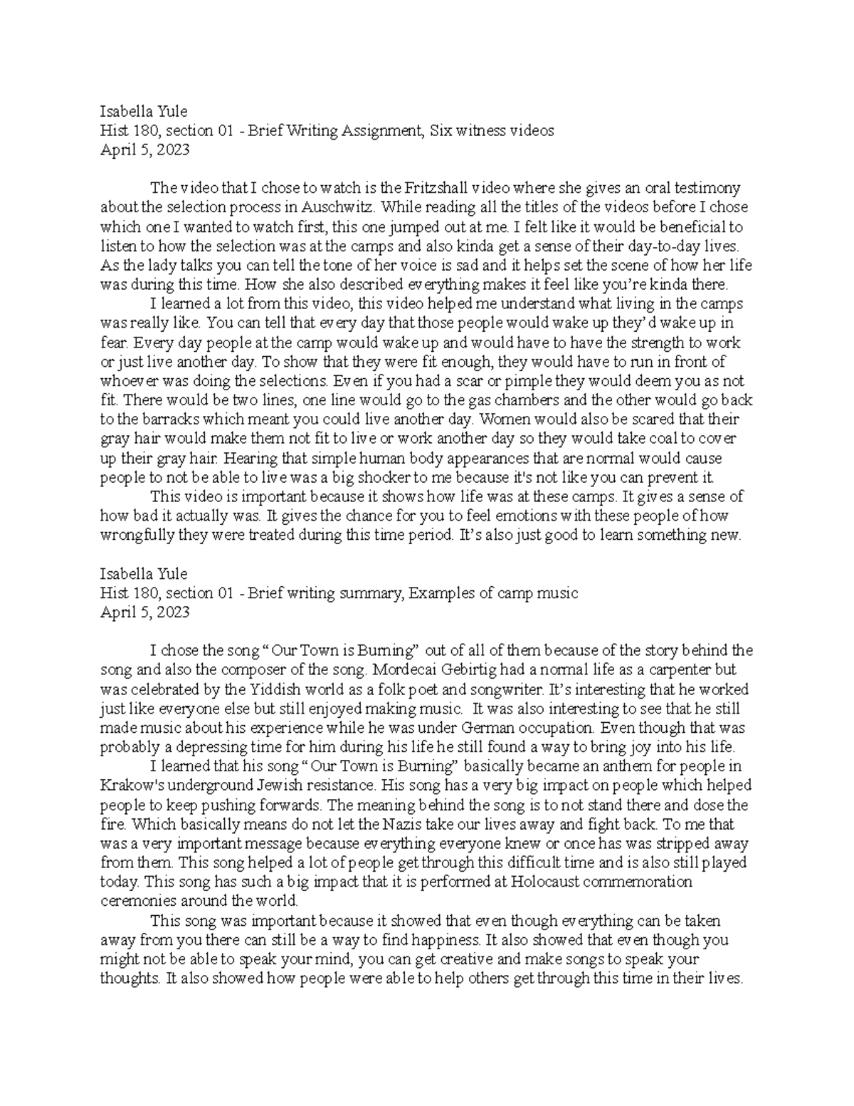 Breif Writing assigment - Isabella Yule Hist 180, section 01 - Brief ...