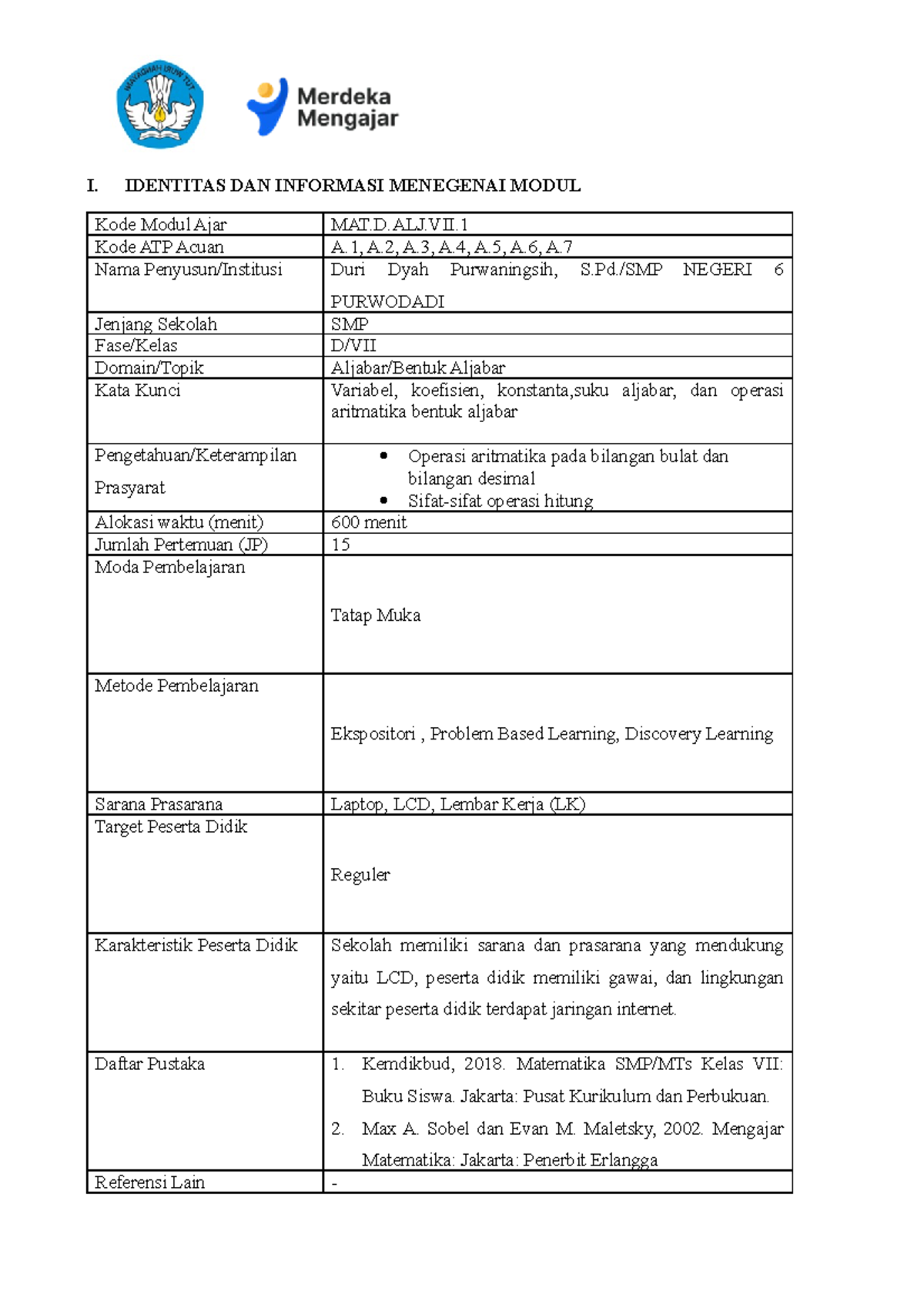 MA Bentuk Aljabar - modul ajar - I. IDENTITAS DAN INFORMASI MENEGENAI ...