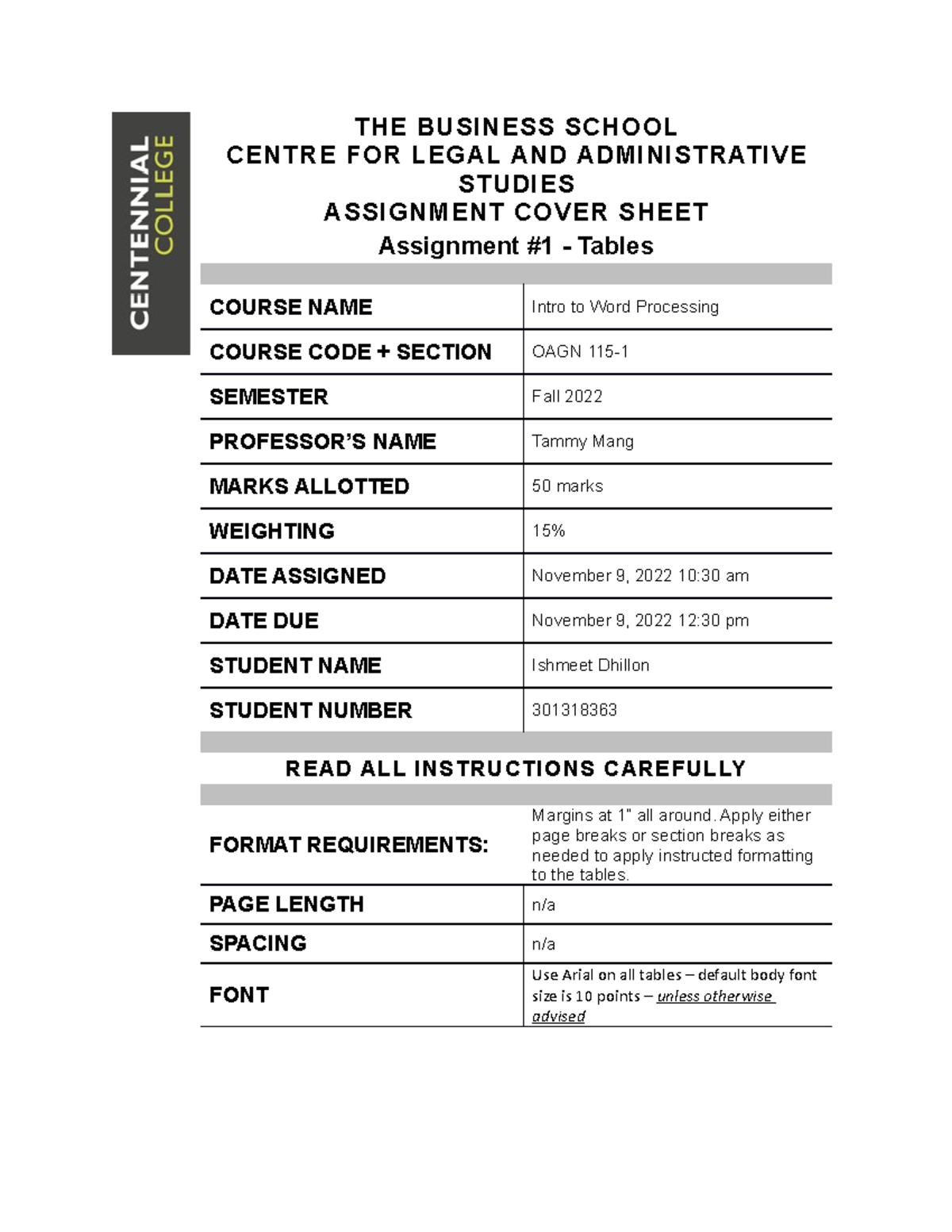 Assignment #1 - Tables - THE BUSINESS SCHOOL CENTRE FOR LEGAL AND ...