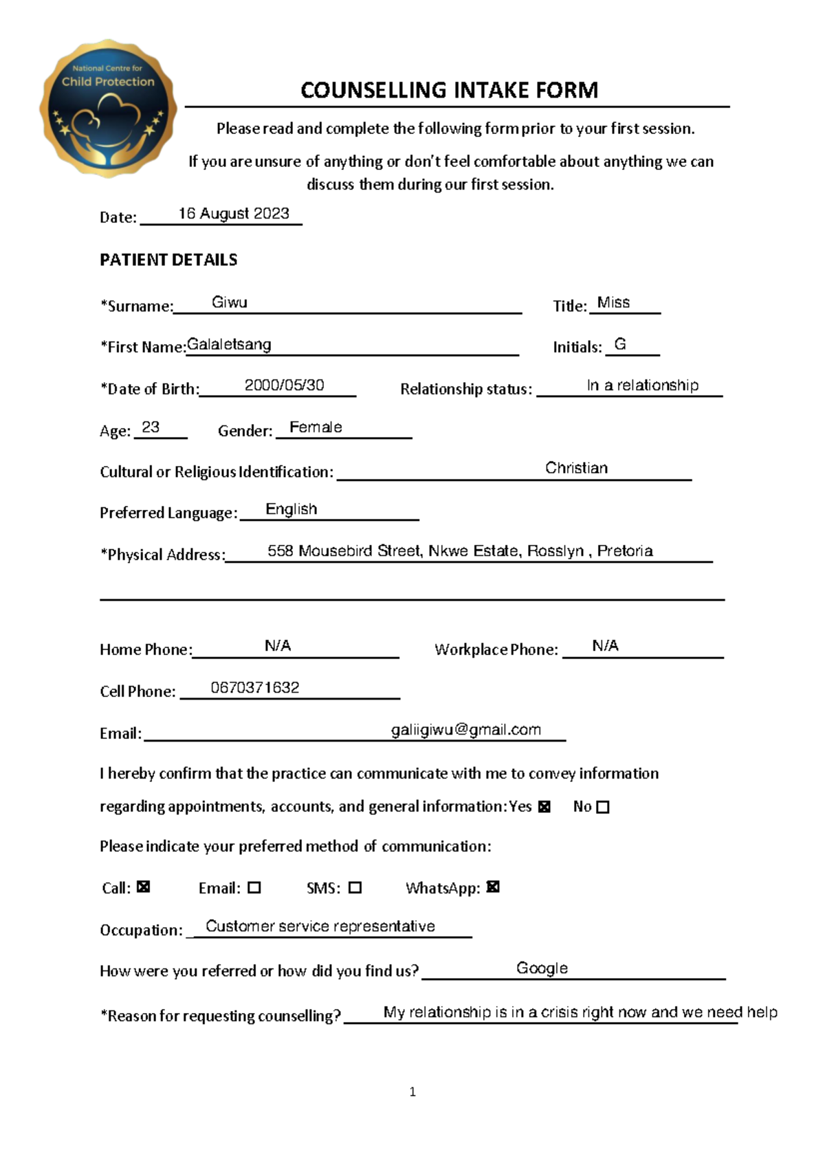 Counseling intake form ' - 1 COUNSELLING INTAKE FORM Please read and ...