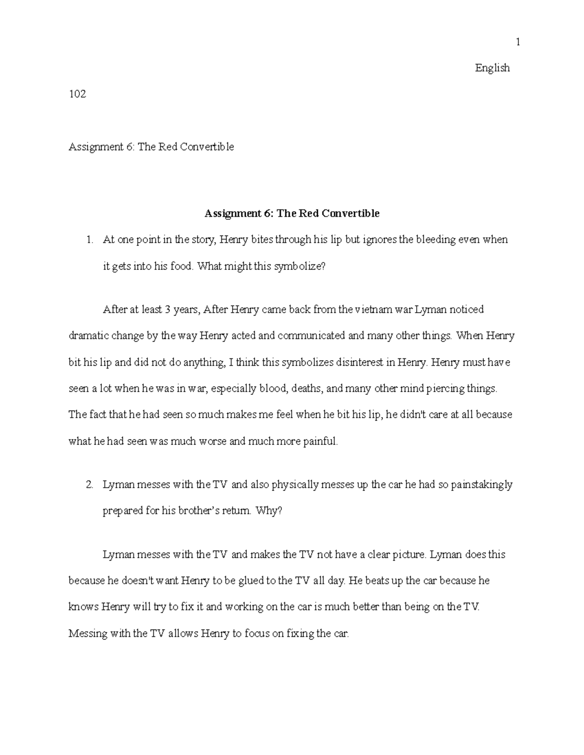Assignment 6: The Red Convertible - 1 English 102 Assignment 6: The Red ...