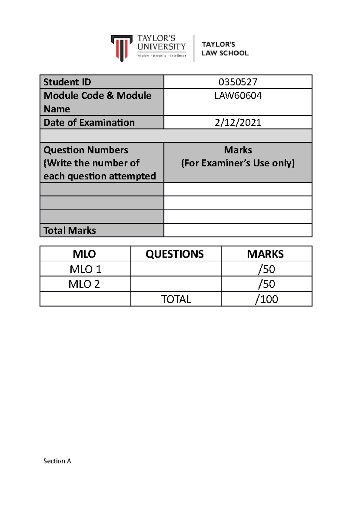 Examination Answer Script Template - August 2020 Semester - Semester 1 ...