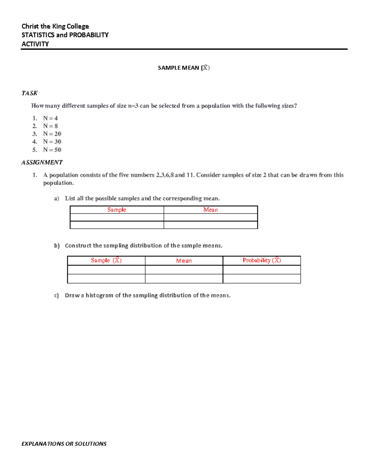 Statistics AND Probability (Sample Mean X̄) Activity - Christ the King ...