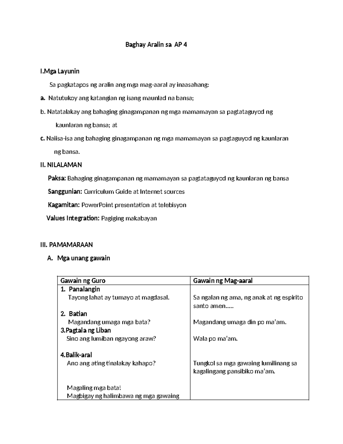 Ap4q4w7-8 - detailed lesson plan - Baghay Aralin sa AP 4 I Layunin Sa ...