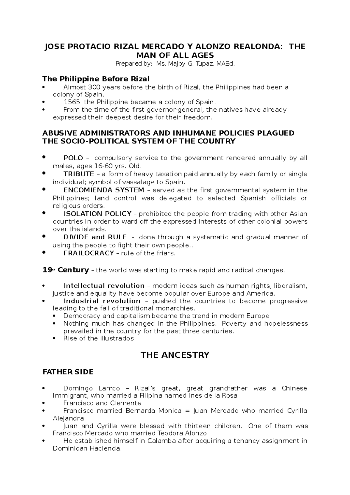 JOSE Protacio Rizal Mercado Y Alonzo Realonda - JOSE PROTACIO RIZAL ...