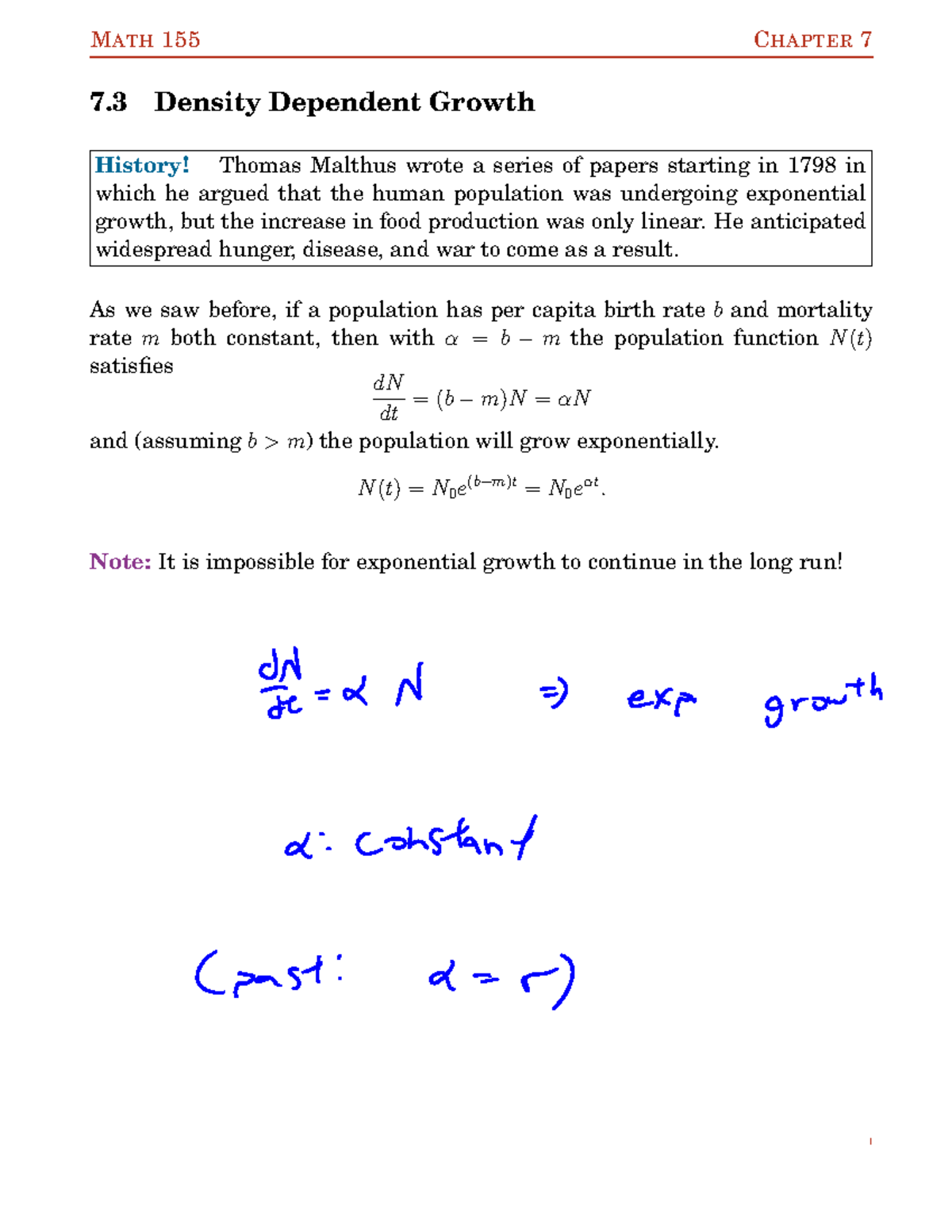 MATH 155 Chapter 7Section 7.3 - Logistic Growth Supplement - 7 Density Dependent Growth History ...