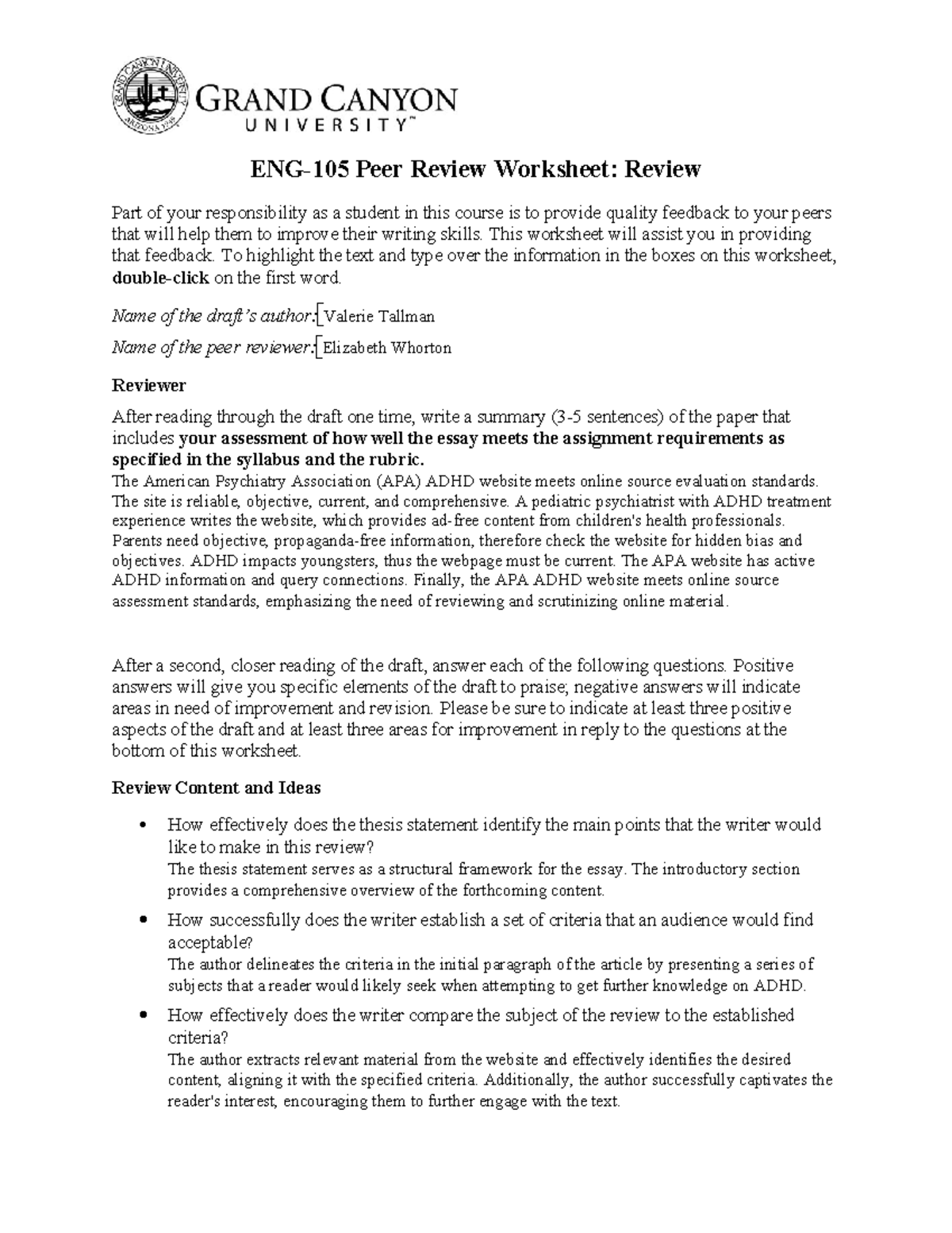 Topic 4 Peer Review Worksheet - ENG-105 Peer Review Worksheet: Review ...