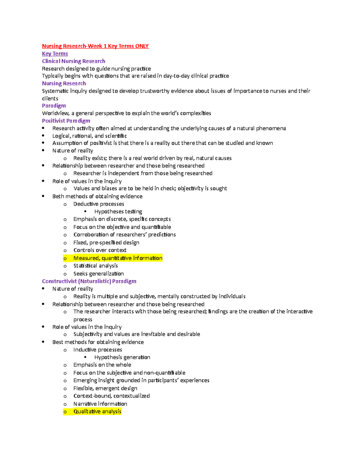 Hthsci 4NR3 Key Terms Week 1 - Nursing Research-Week 1 Key Terms ONLY ...