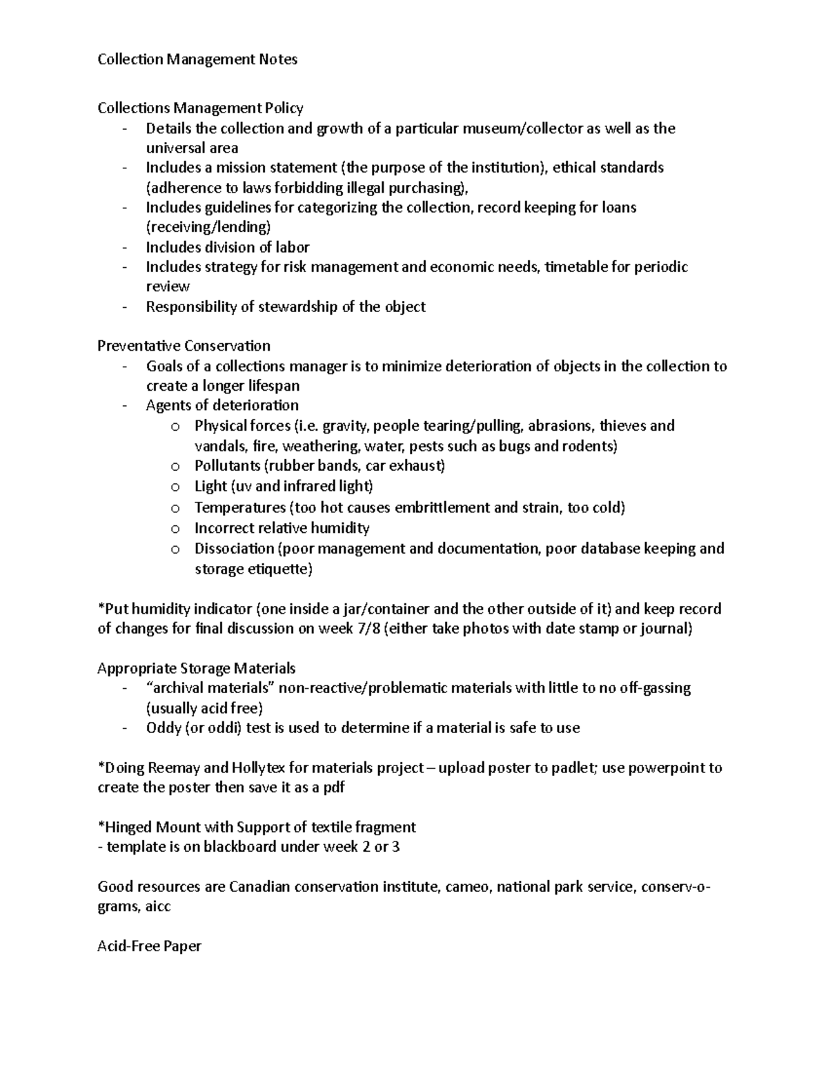 Collection Management Notes - Collections Management Policy - Details ...