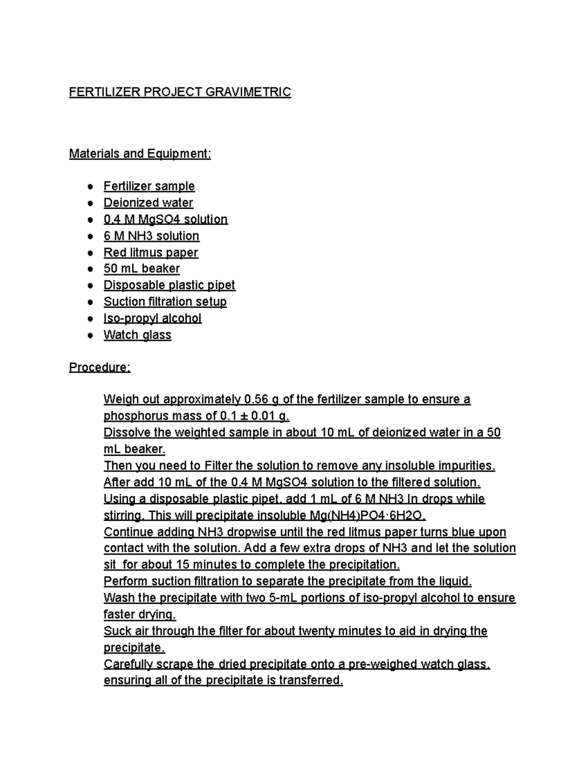 Fertilizer project Protocols - FERTILIZER PROJECT GRAVIMETRIC Materials ...